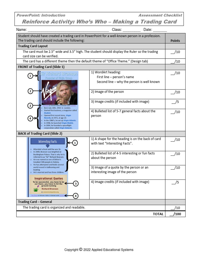 Trading Card Assessment Checklist | PDF