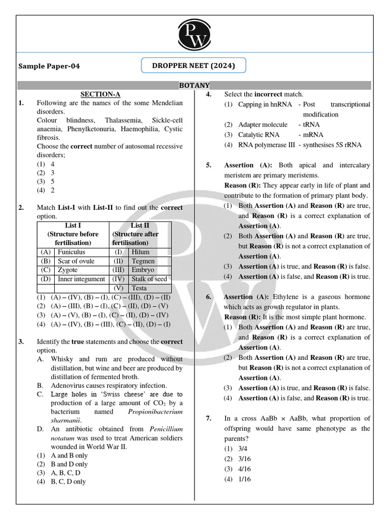 Sample Paper 04 - Dropper NEET 2024 - Botany - Rajashekar Jakka - Kamal Jeet - Question | PDF ...