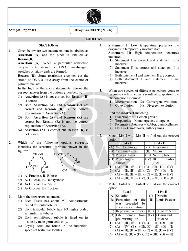 Sample Paper 04 - Dropper NEET 2024 - Zoology - Vijay Gupta - Questions ...