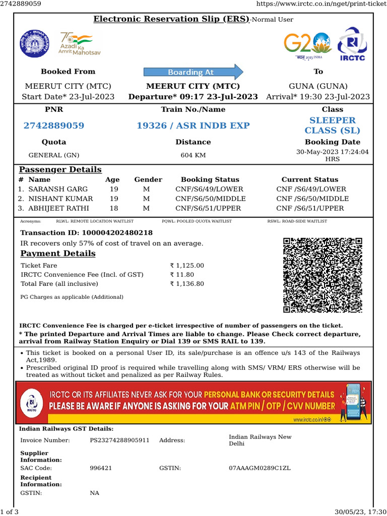 Asr Indb Exp Sleeper Class (SL) | Download Free PDF | Identity Document ...