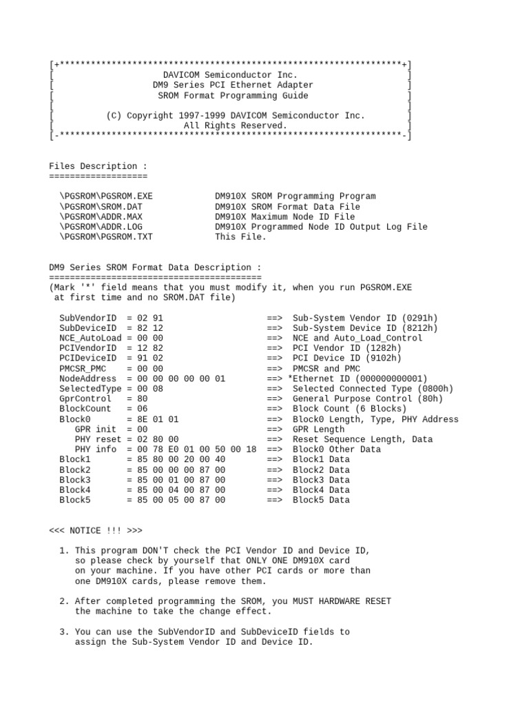 PGSROM DAVICOM Semiconductor Inc. DM9 Series PCI Ethernet Adapter | PDF ...