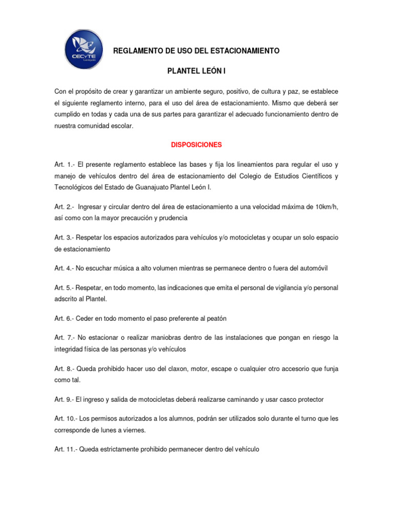 Reglamento de Uso Del Estacionamiento 2024 | PDF