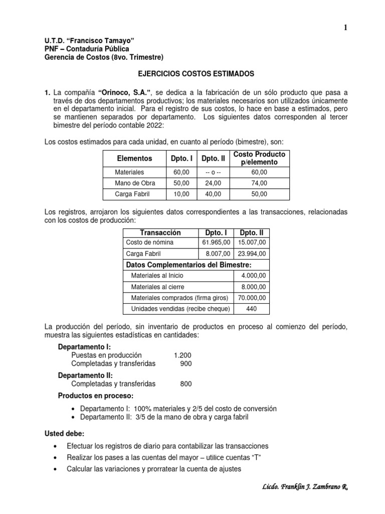 Ejercicios Costos Estimados 2023-II | Descargar gratis PDF | Economias ...
