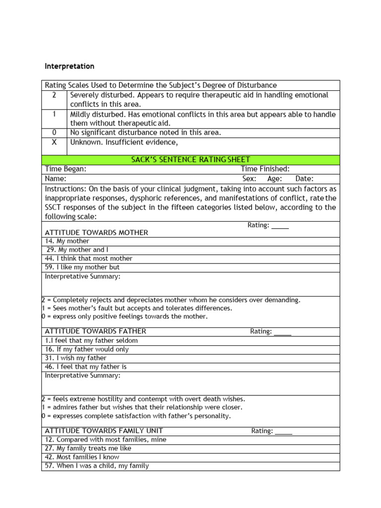 SSCT Scoring and Interpretation Guide | PDF | Attitude (Psychology) | Fear