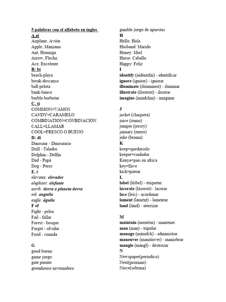 5 PALABRAS Palabras Con Cada Letra Del Abecedario en Ingles y Espanol | PDF
