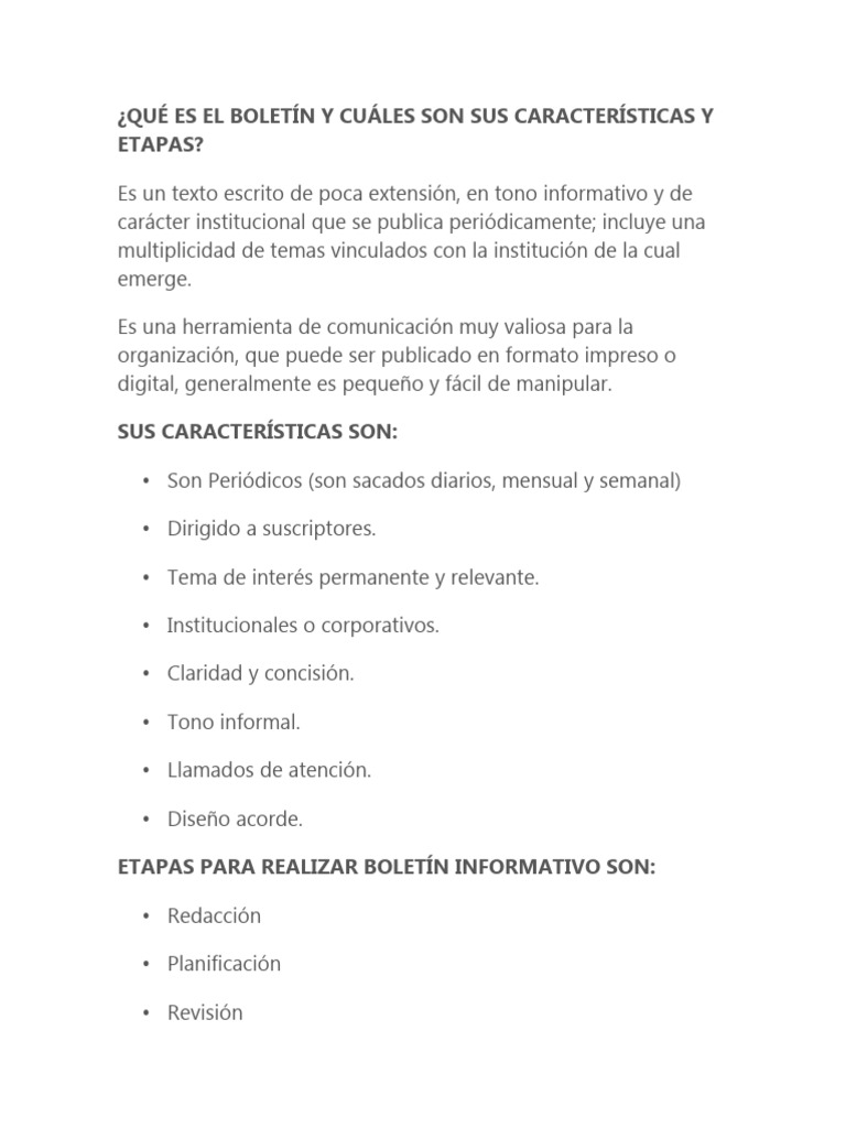 Características y etapas del boletín informativo | PDF