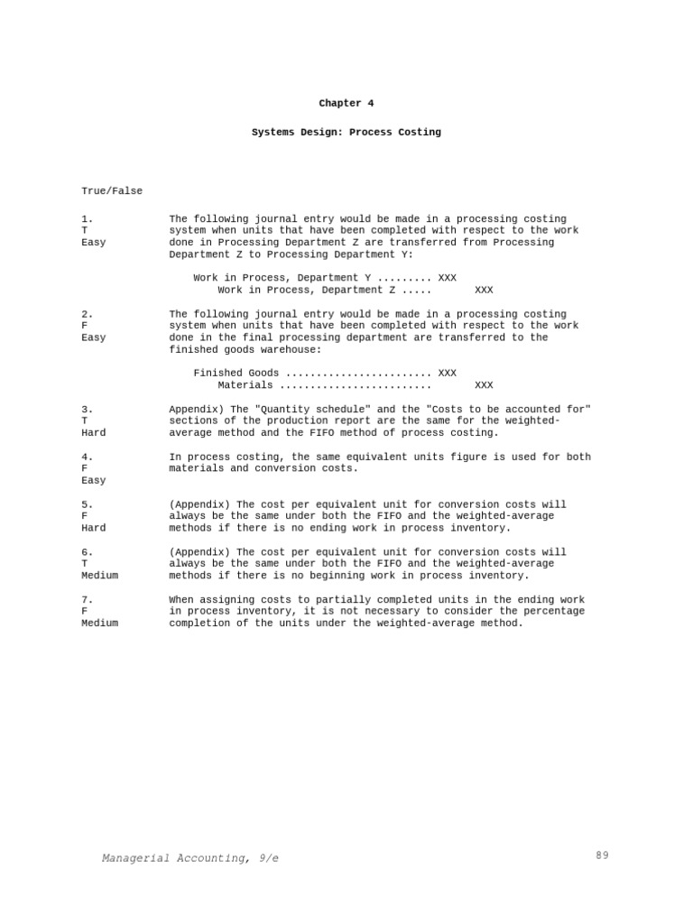 Process Costing: True/False & MCQs | PDF | Management Accounting | Inventory