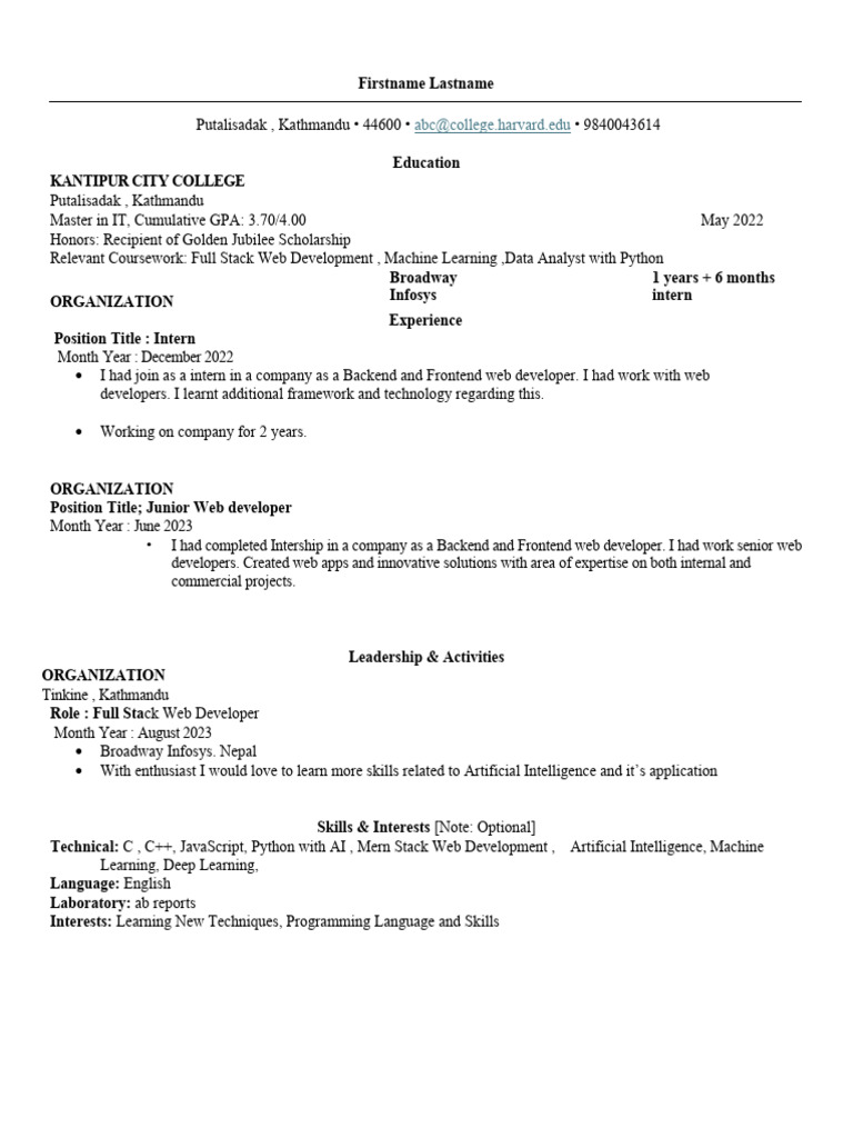 Harvard Resume Editable Word File | PDF
