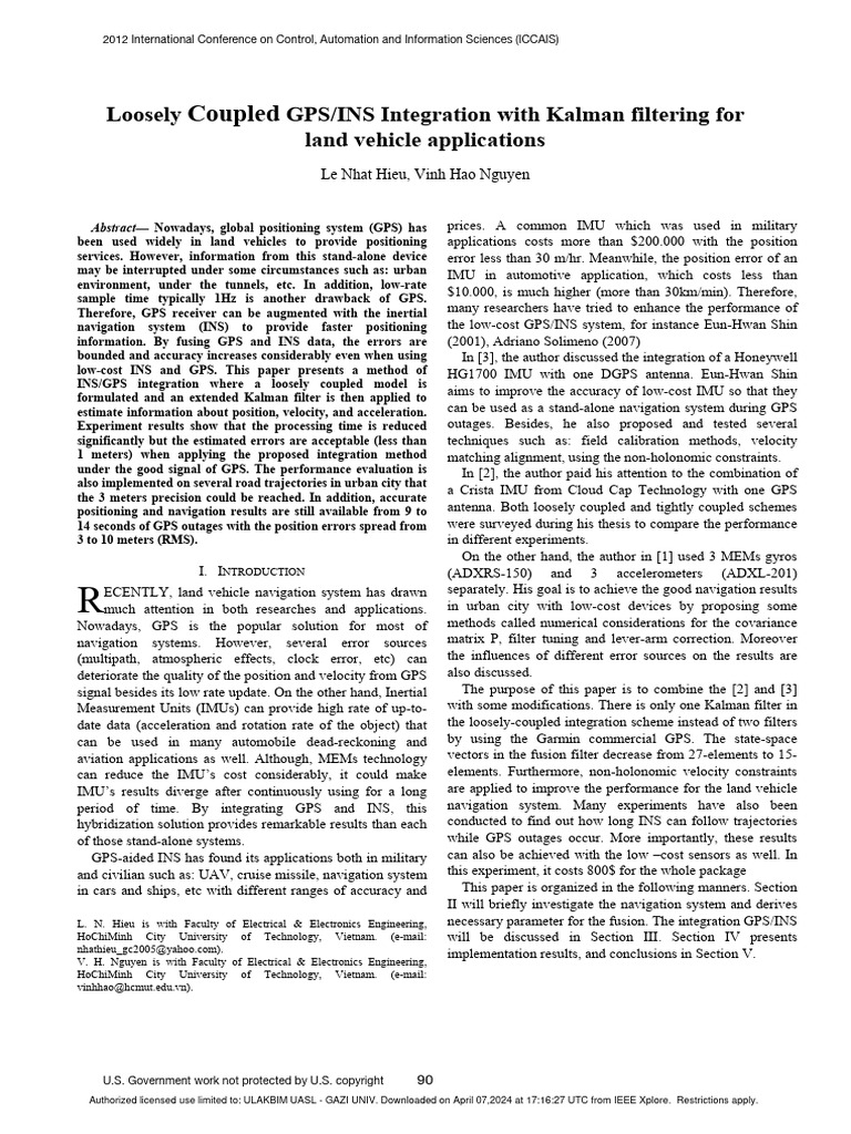 Loosely Coupled GPS INS Integration With Kalman Filtering For Land ...