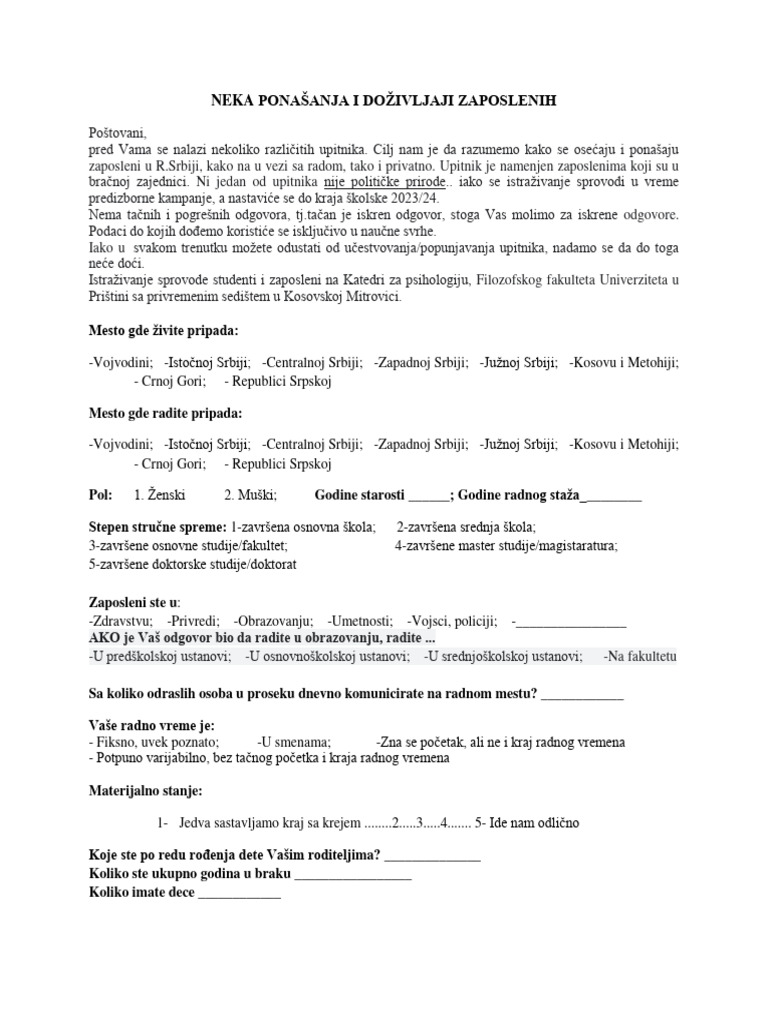 Neka Ponasanja I Dozivljaji Zaposlenih 2 Upitnik Za Predispitne Obaveze | PDF