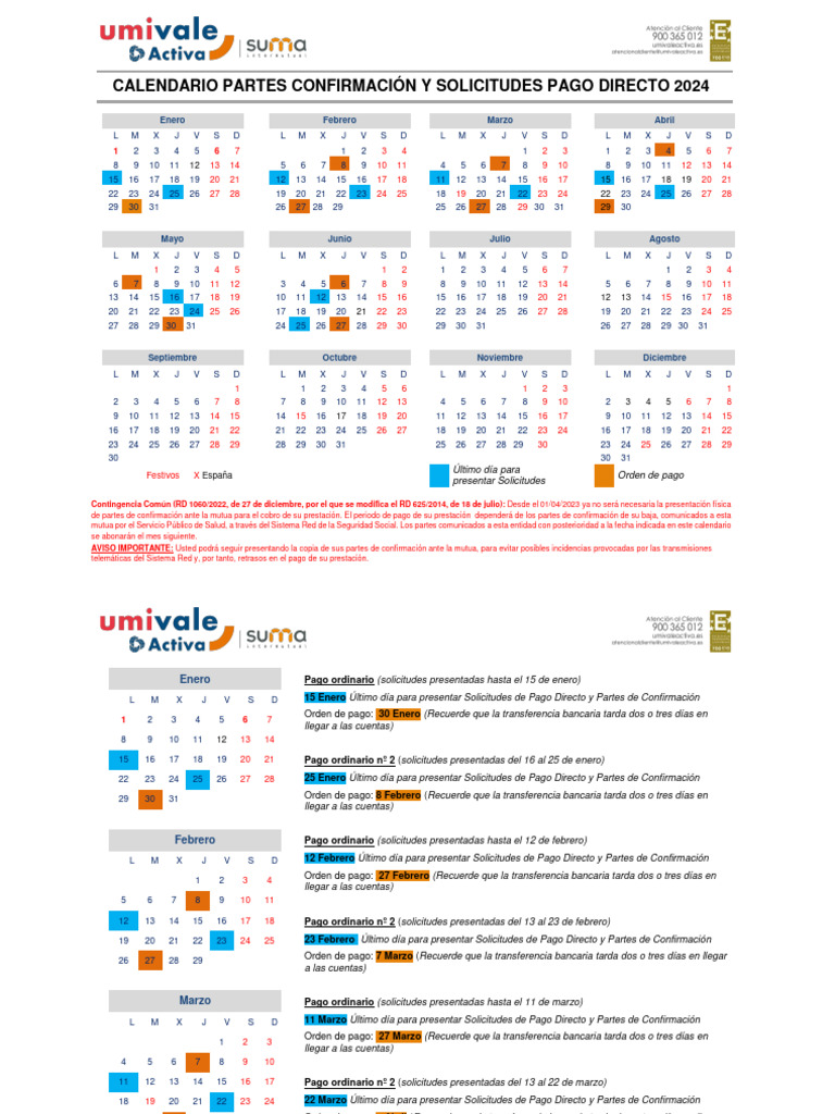 Calendario Partes Confirmación y Solicitudes Pago Directo 2024 Segundo ...