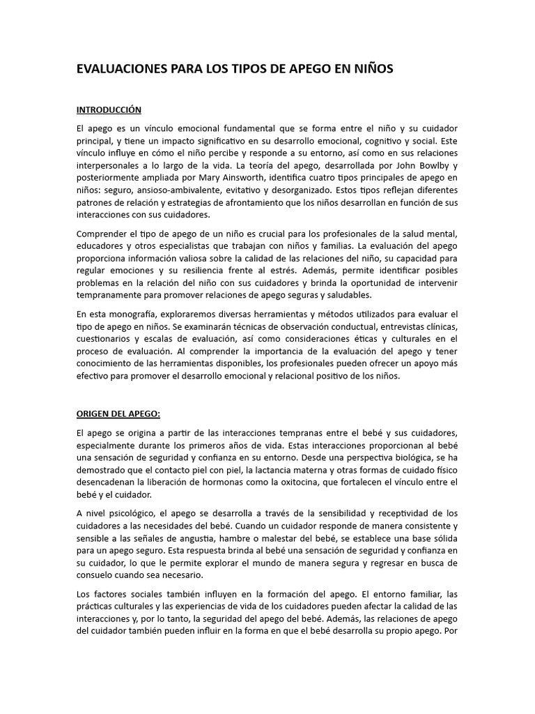 EVALUACIONES PARA LOS TIPOS DE APEGO EN NIÑOS | PDF | Teoría de apego | Ciencias del comportamiento
