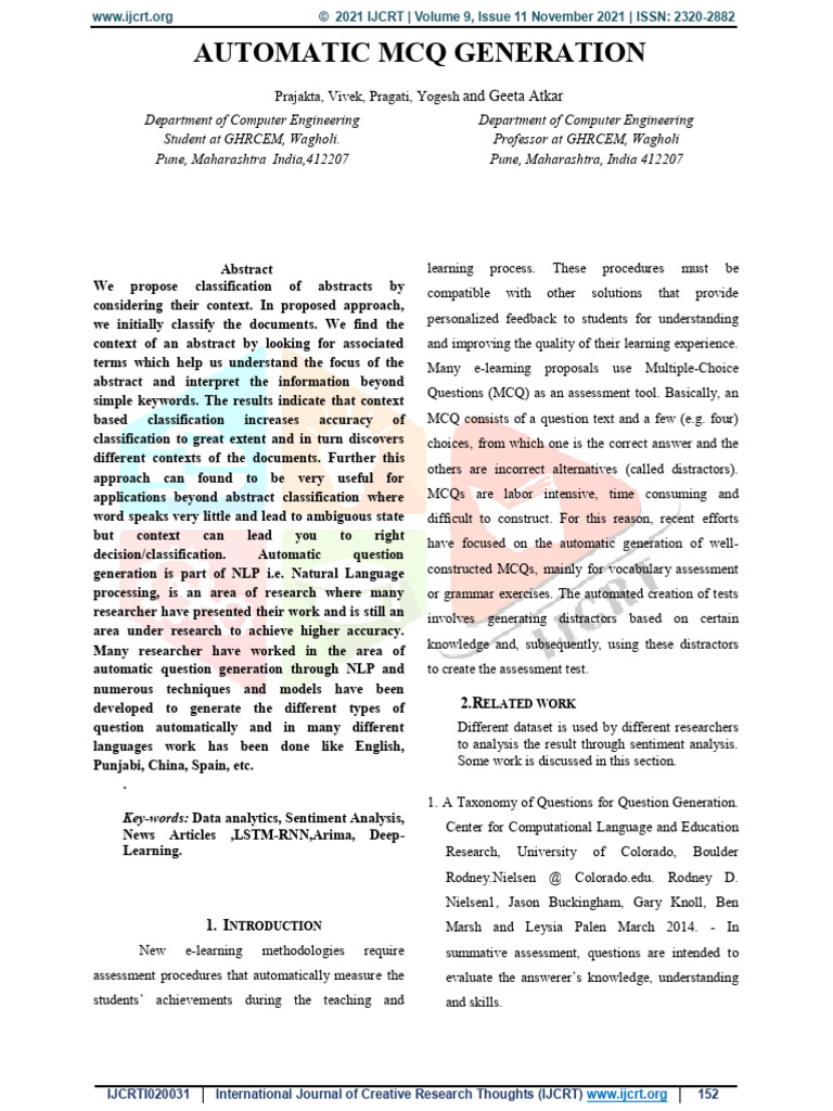 Automatic MCQ Generation | PDF | Multiple Choice | Data Analysis
