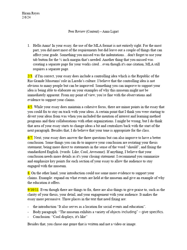 Peer Review Feedback on MLA Essay | PDF | Essays | Paragraph