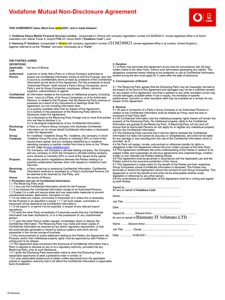 Vodafone Cash NDA Template 2021 002 | PDF | Non Disclosure Agreement ...