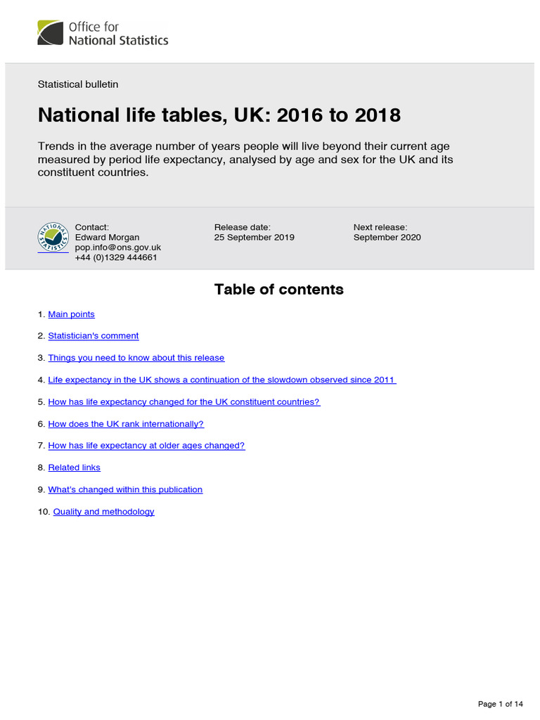 National life tables, UK 2016 to 2018 | PDF | Life Expectancy ...