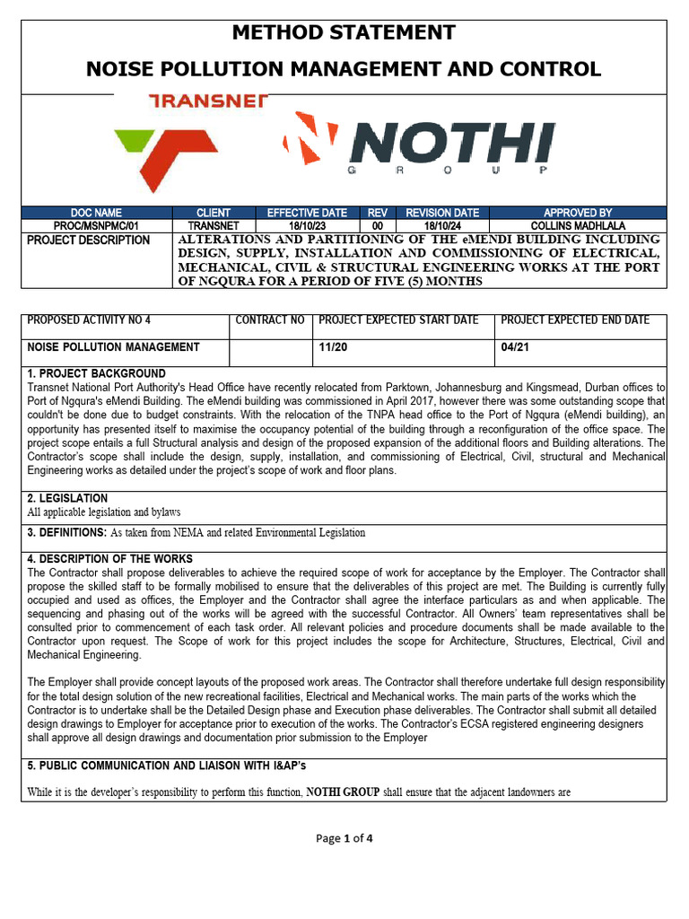 Method Statement - Noise Management and Control | PDF | Personal Protective Equipment | Natural ...