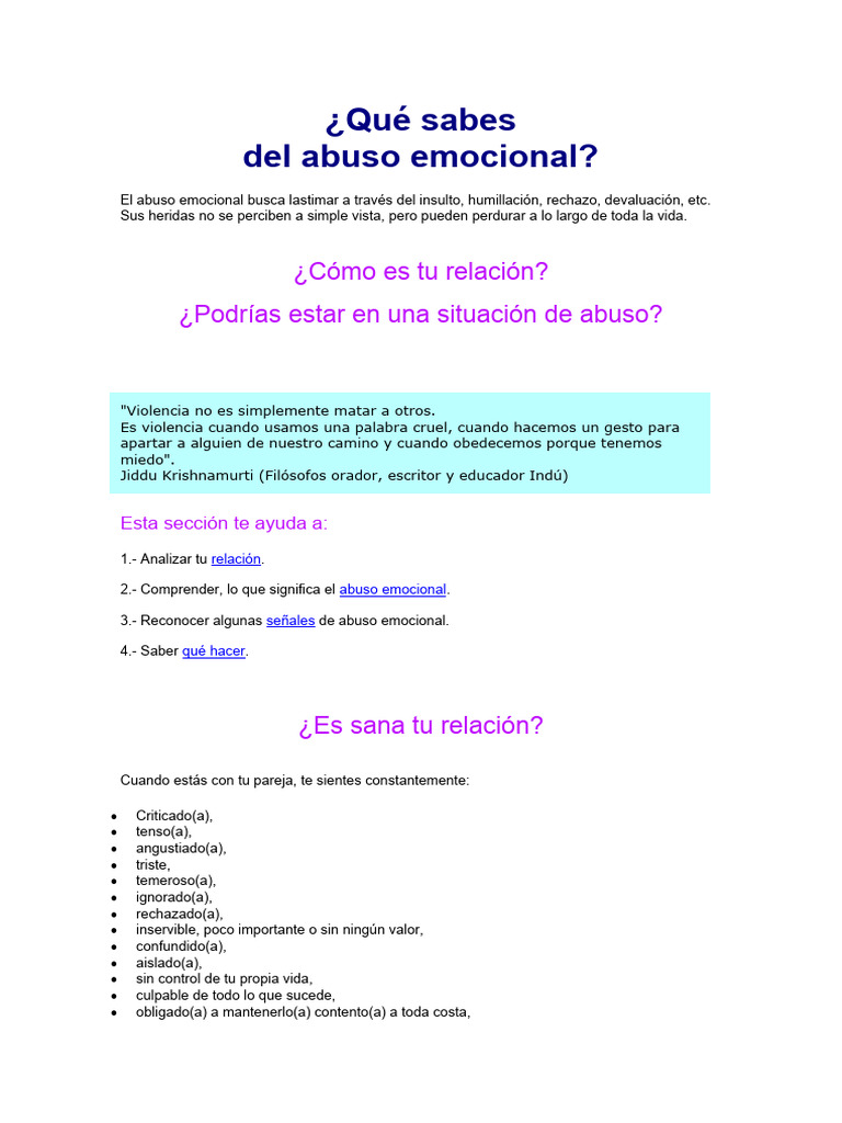Qué Sabes Del Abuso Emocional | PDF | Abuso psicológico | Violencia ...