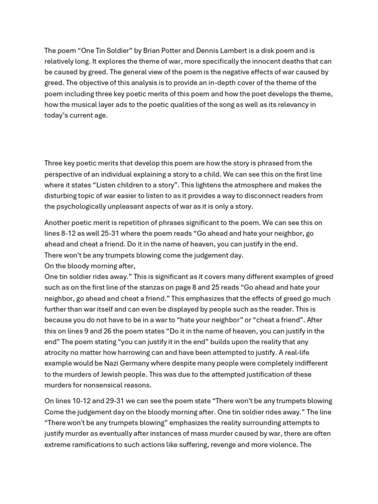 Greed's Impact on War in "One Tin Soldier" | PDF | Poetry