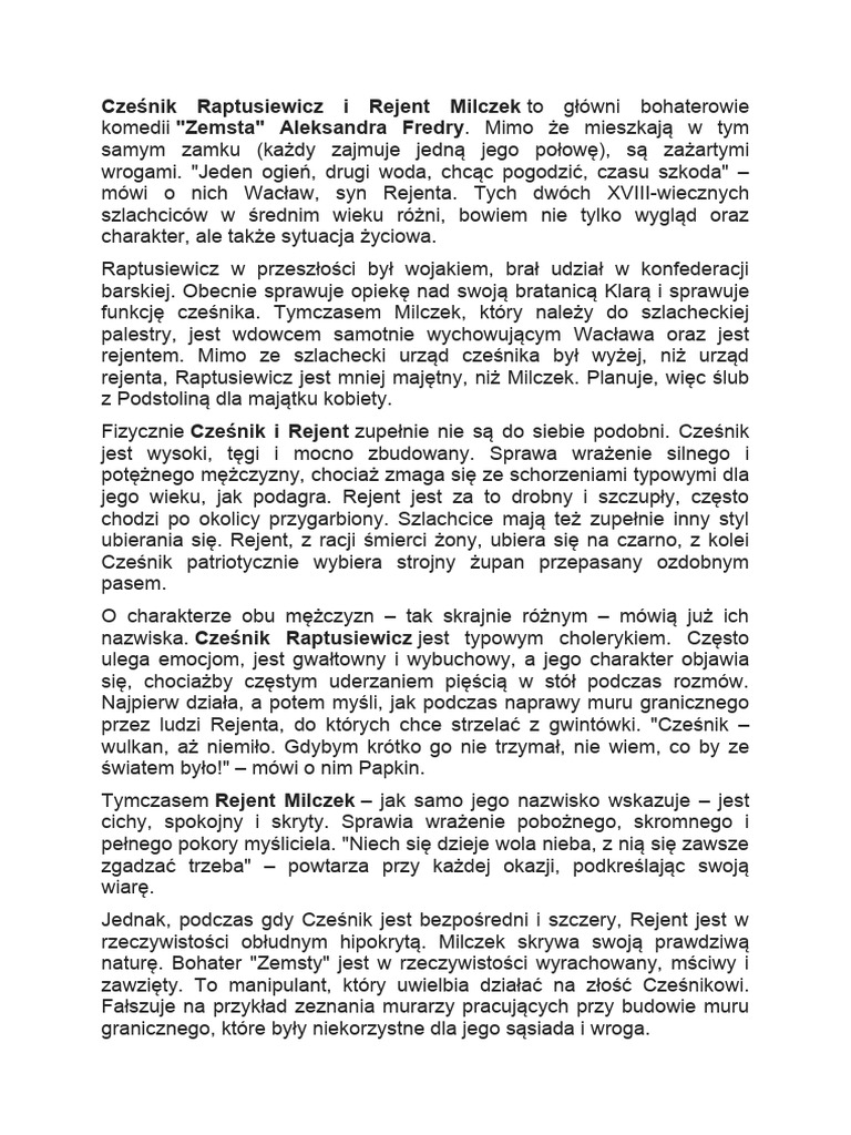 Cześnik Raptusiewicz I Rejent Milczek | PDF