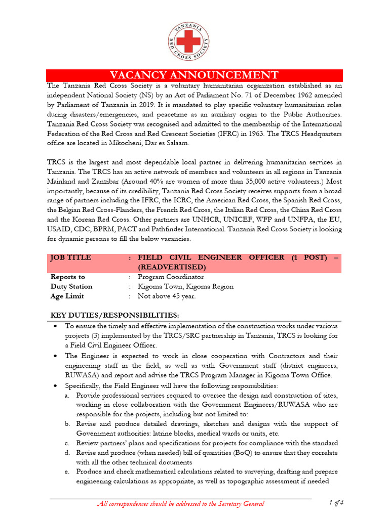 Job Advert April 2024 Field Civil Engineer Officer 1 | PDF ...