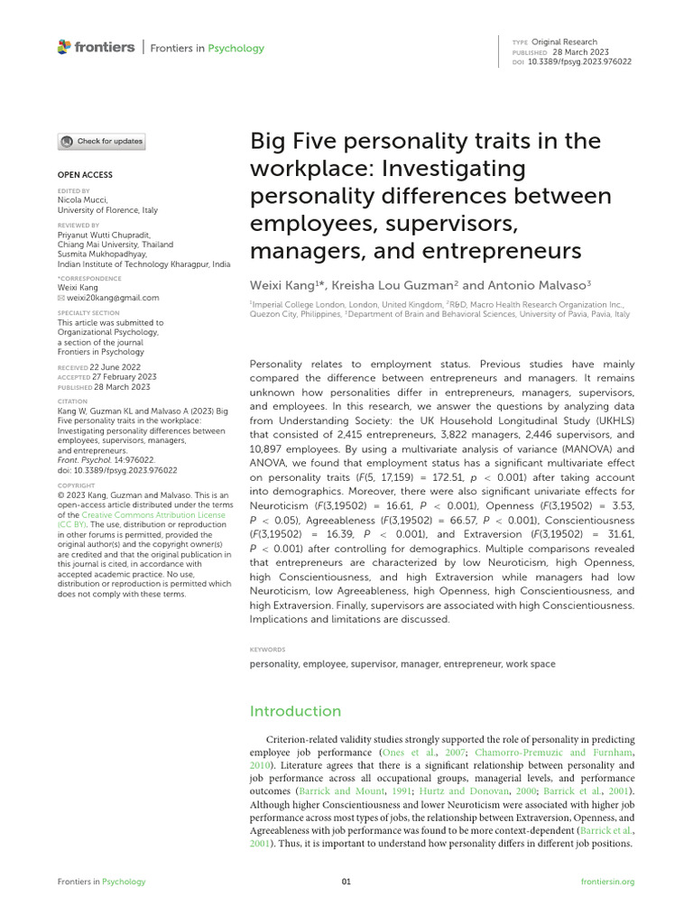 Big Five Personality Traits in The Workplace - Investigating ...