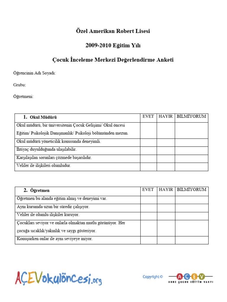 Kurum Degerlendirme Anketi | PDF