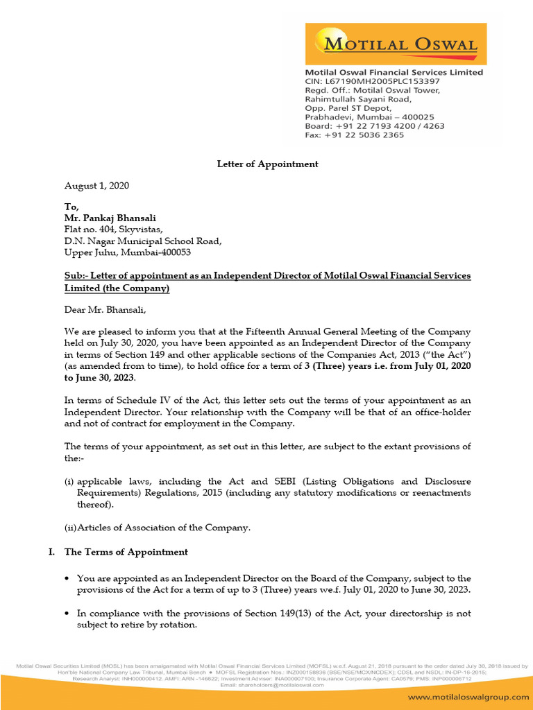 Microsoft Word - Letter of Appointment As ID - Pankaj Bhansali | PDF ...