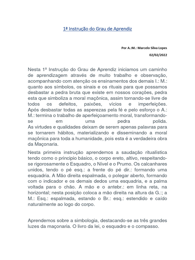 Instrução do Grau de Aprendiz Maçom | PDF