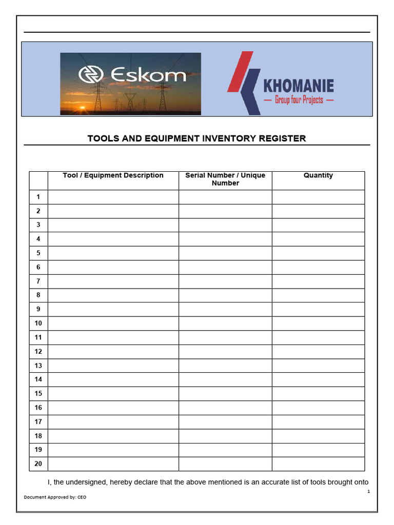 REG031 Tools and Equipment Inventory Register | PDF