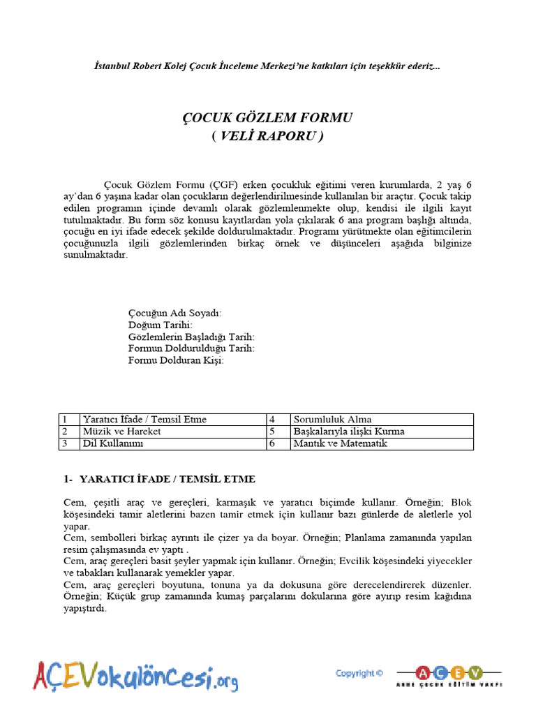 Cocuk Gozlem Formu Veli Raporu | PDF Cocuk Gozlem Formu Veli Raporu | PDF