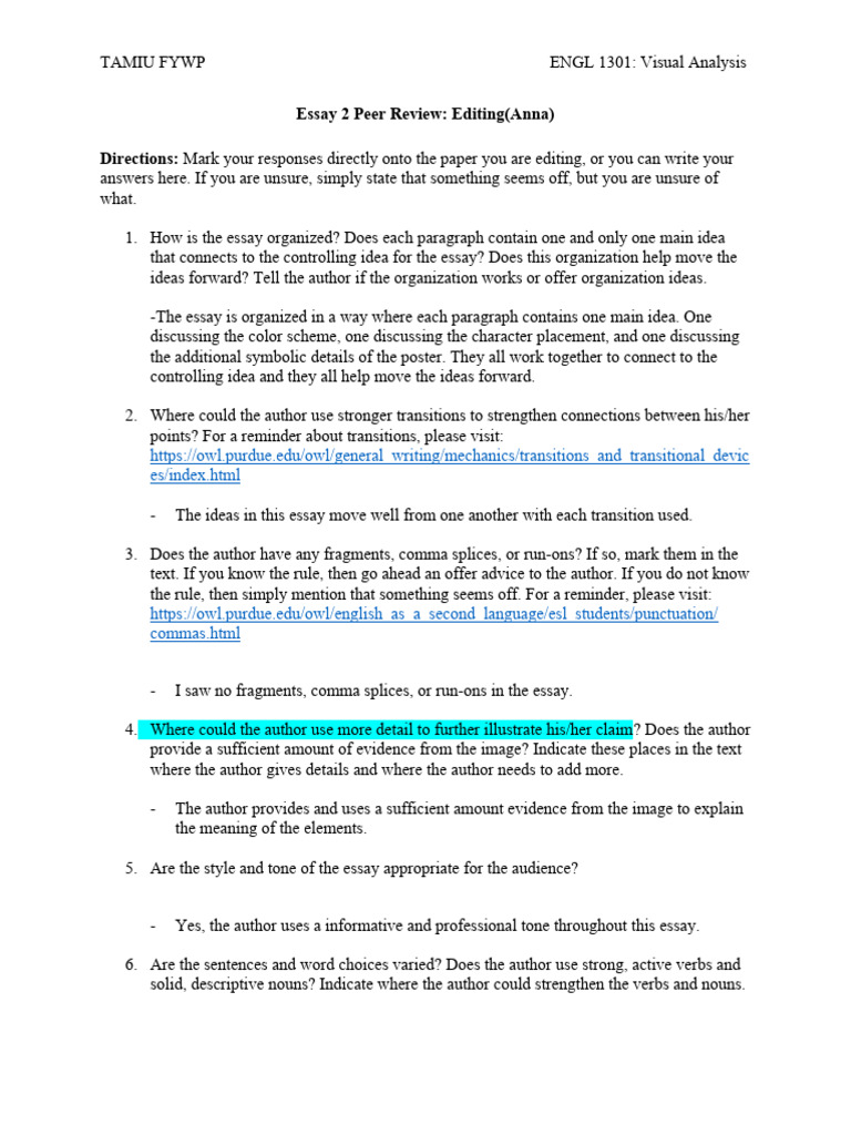 Essay 2 Peer Review Editing Visual Analysis 1301 1 Anna 1 | PDF ...