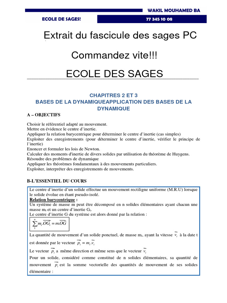 Base de La Dynamique | PDF | Centre d'inertie | Lois du mouvement de Newton