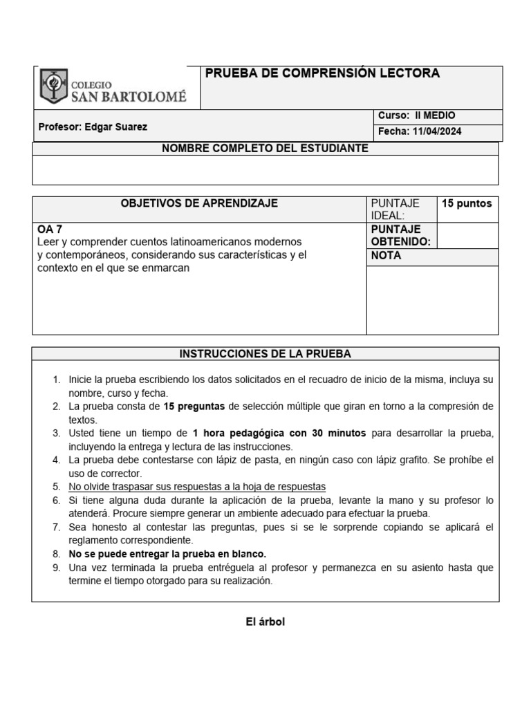 Prueba Comprensión Lectora | PDF