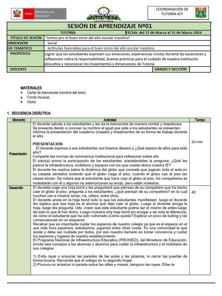 Buen Inicio Escolar: Tutoría Irazolino | PDF