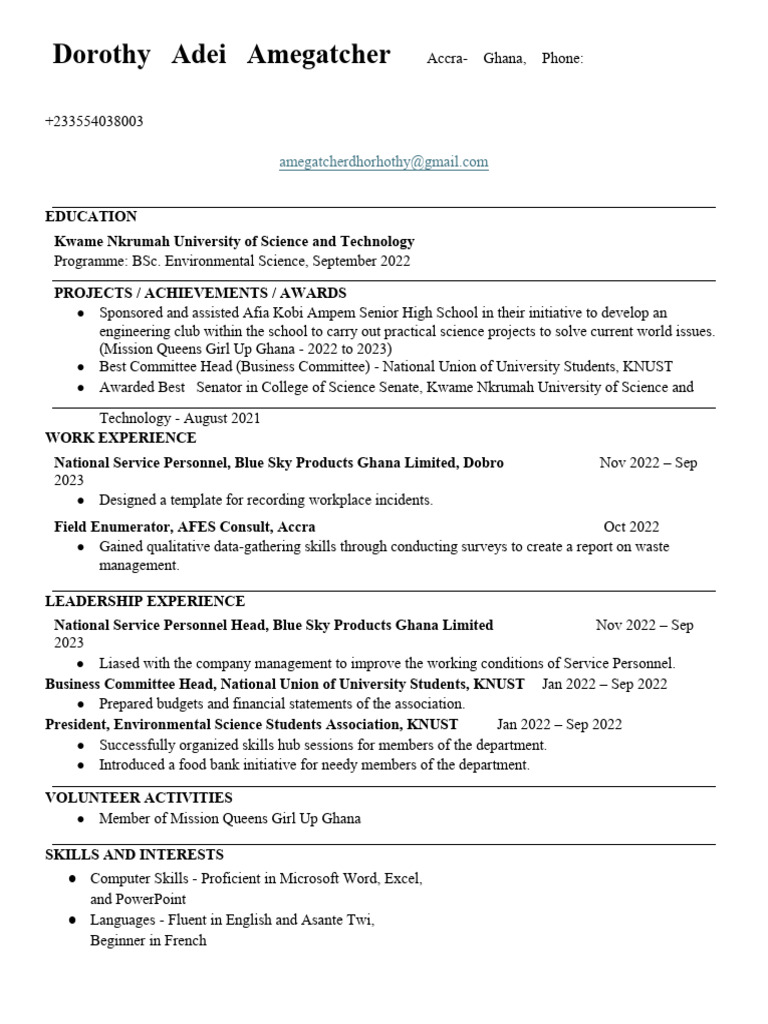 RESUME-Dorothy Adei Amegatcher | PDF