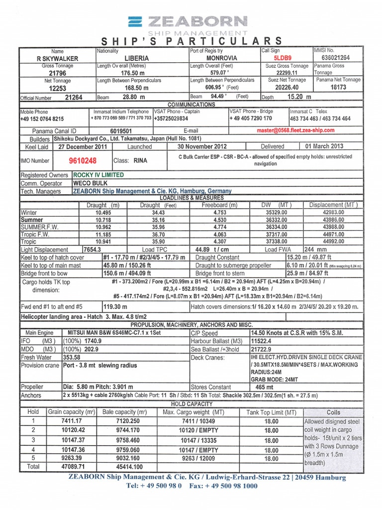 MV R Skywalker - Ships Particulars | PDF
