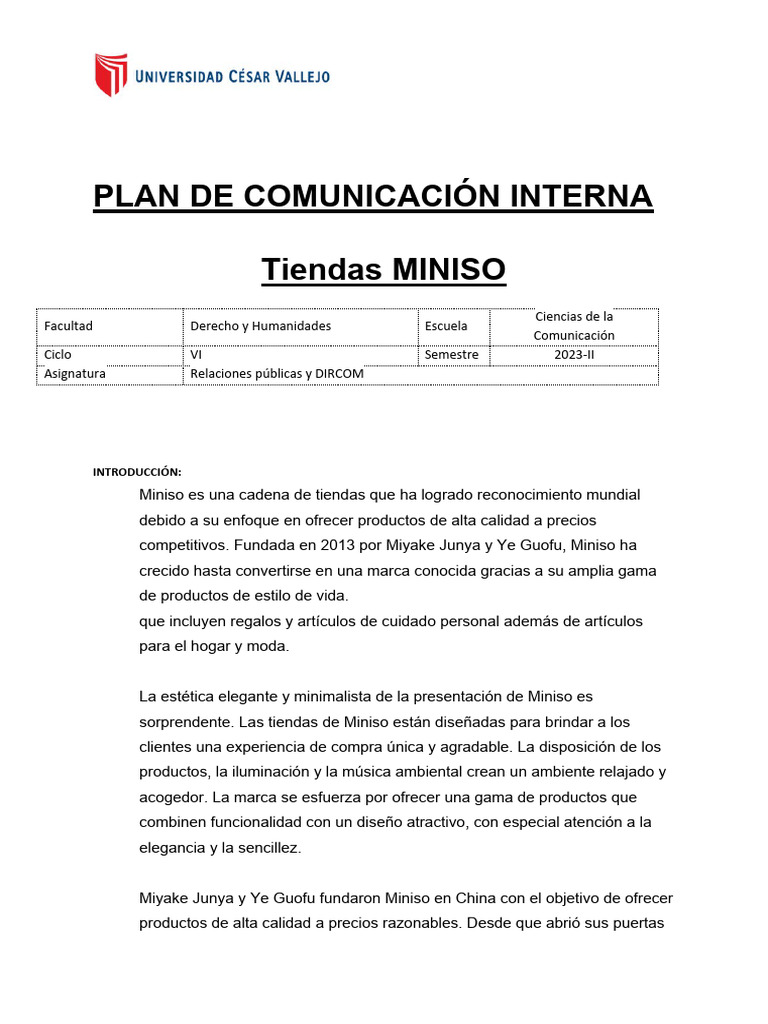PLAN DE COMUNICACIÓN INTERNA Tienda MINISO | PDF | Marca | Moda