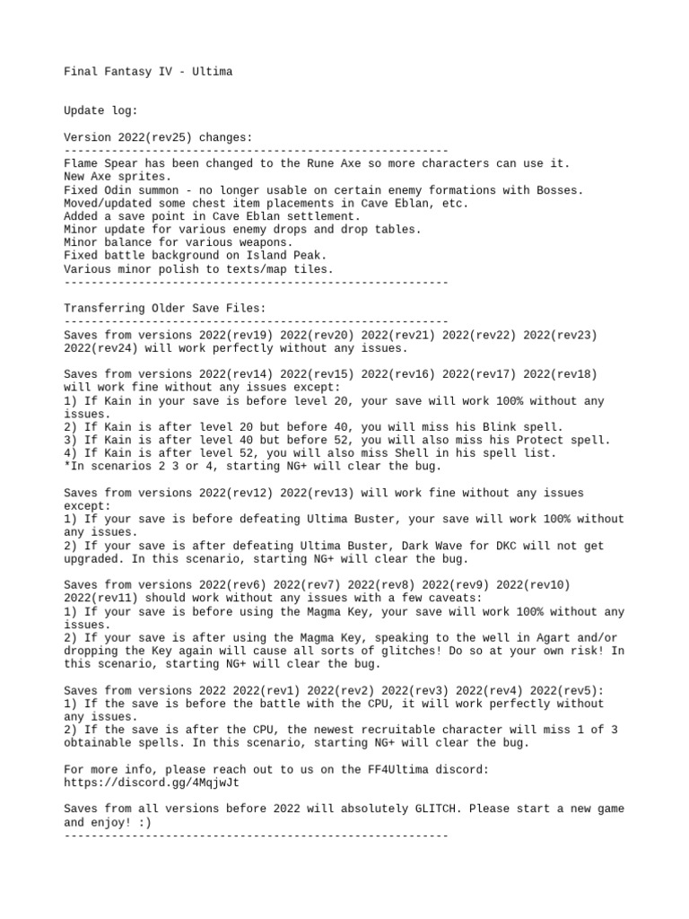 FFIV Ultima Update Log 2022 | PDF | Final Fantasy
