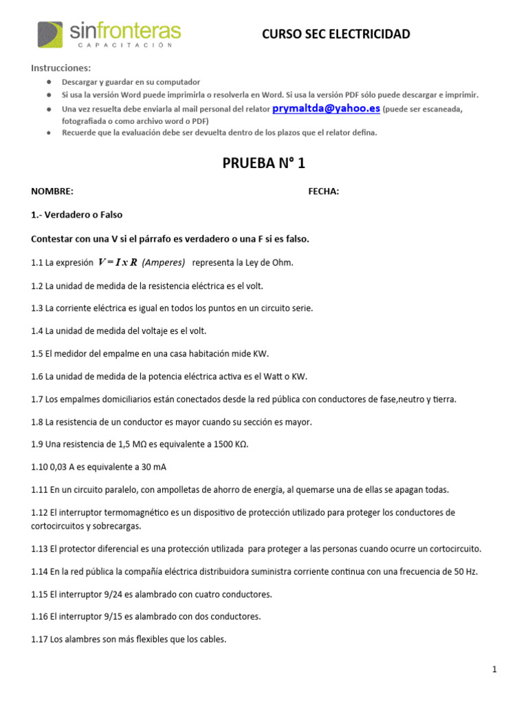 00 - PRUEBA 1 (Para Resolver en Word) | Descargar gratis PDF | Resistencia Eléctrica y ...