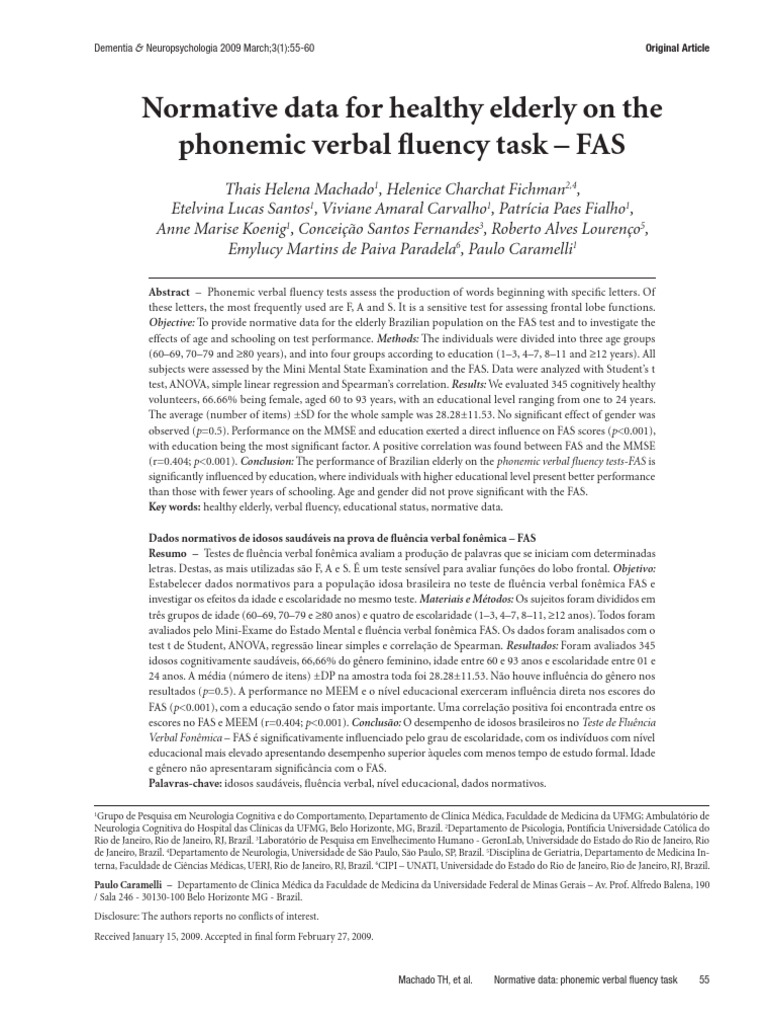 Machado, Fichman - 2009 - Normative Data For Healthy Elderly On The Phonemic Verbal Fluency Task ...