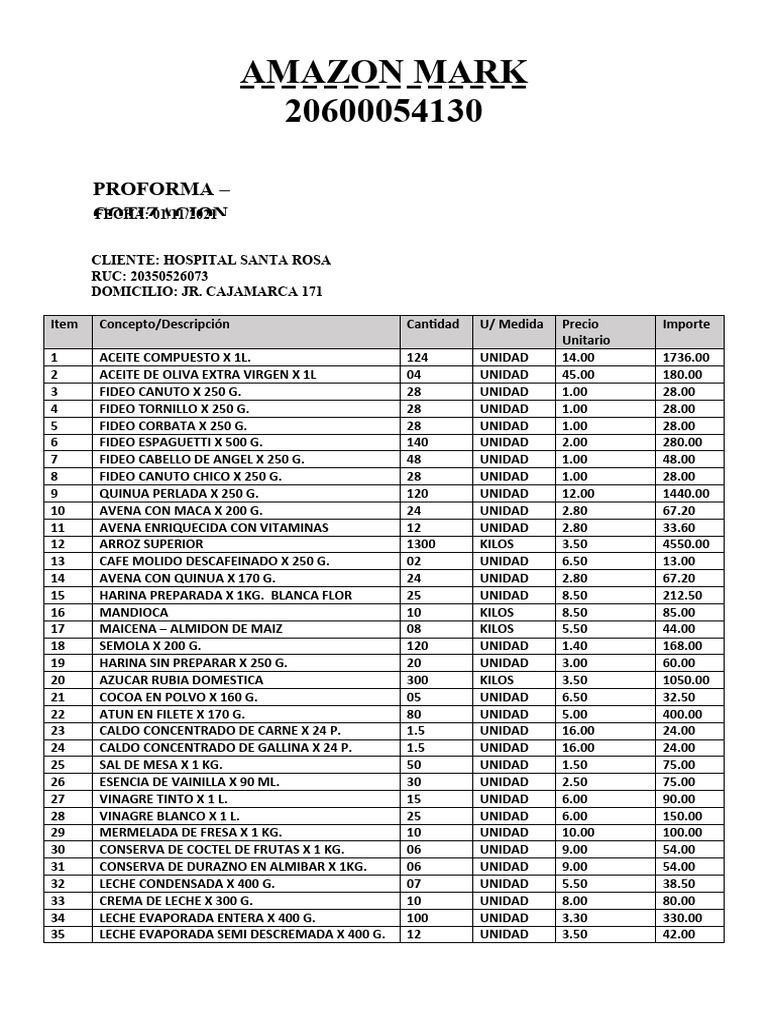 Proforma Amazon Mark - 1 | Descargar gratis PDF | Ingredientes de ...