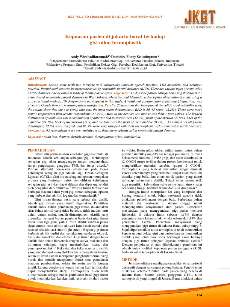 Kepuasan Pasien Di Jakarta Barat Terhadap GTSL Nilon Termoplastik | PDF