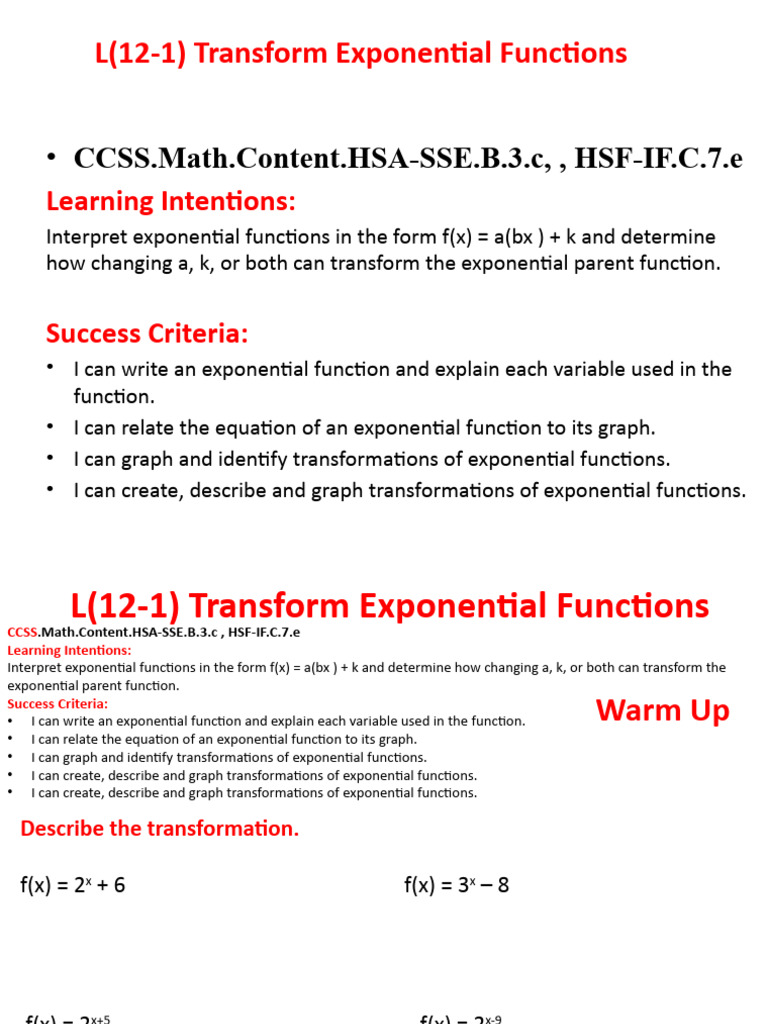 L (12-1) Transform Exponential Functions p2 | PDF | Function ...