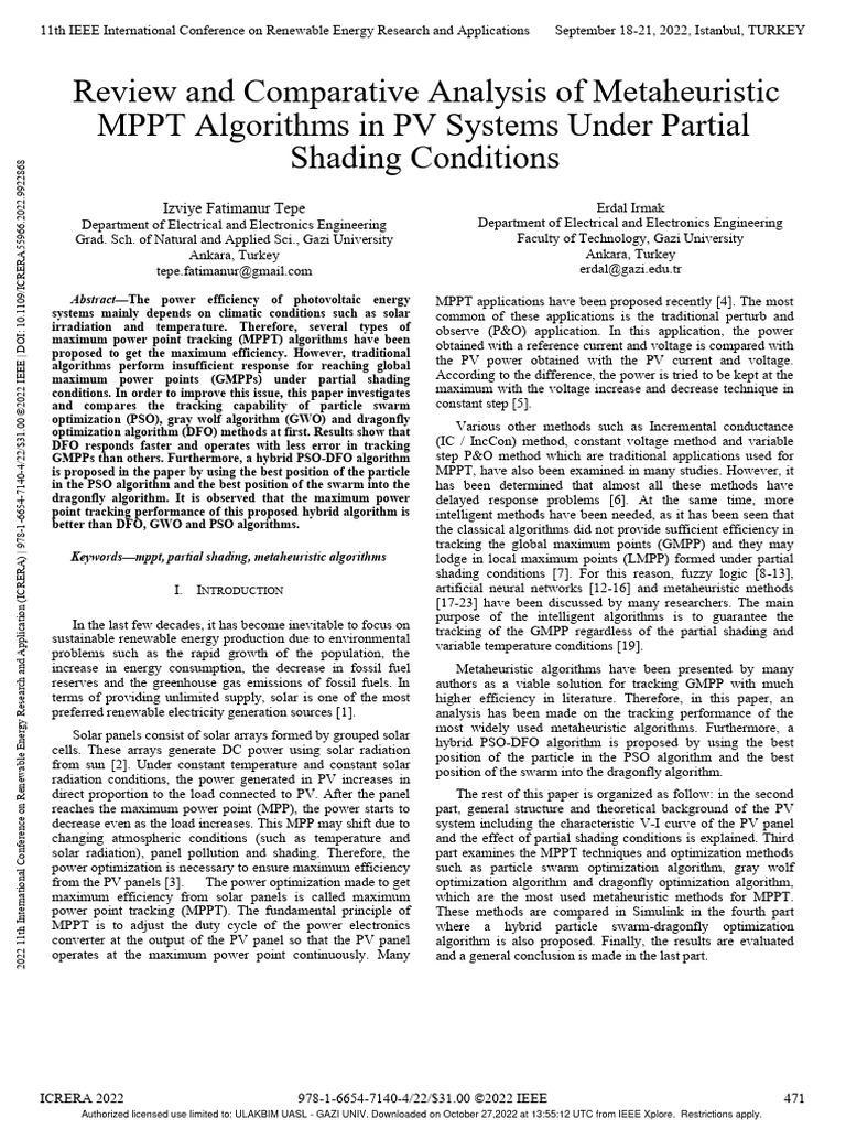 Review and Comparative Analysis of Metaheuristic MPPT Algorithms in PV Systems Under Partial ...