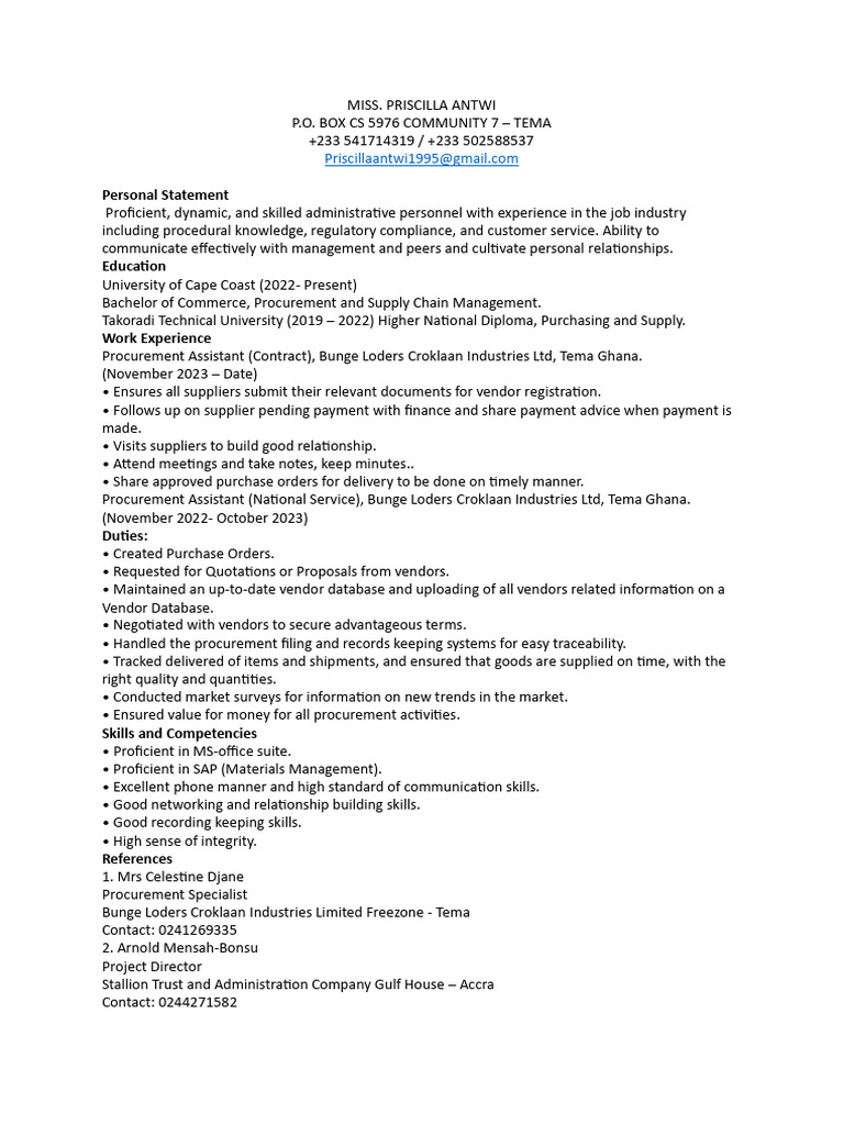 Priscilla Antwi: Procurement Specialist Resume | PDF