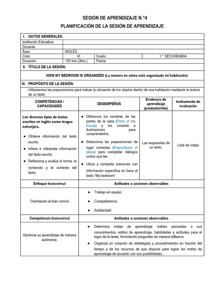 Sesión de Aprendizaje N°4 | PDF | Aprendizaje | Evaluación