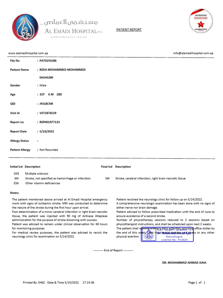 Patient Report | PDF | Stroke | Neurology