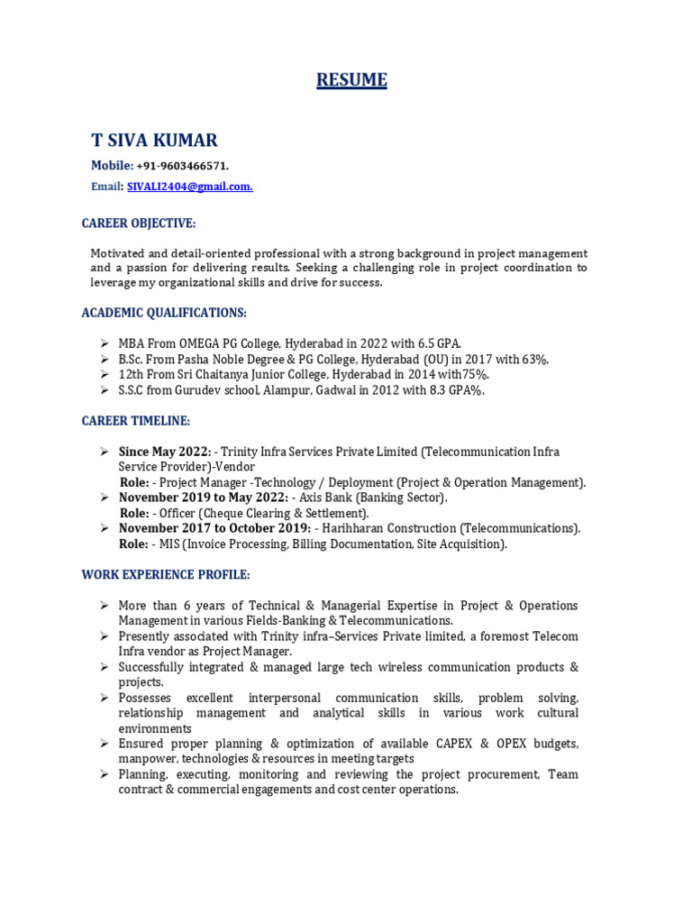 T Siva Kumar CV | PDF | Project Management | Business