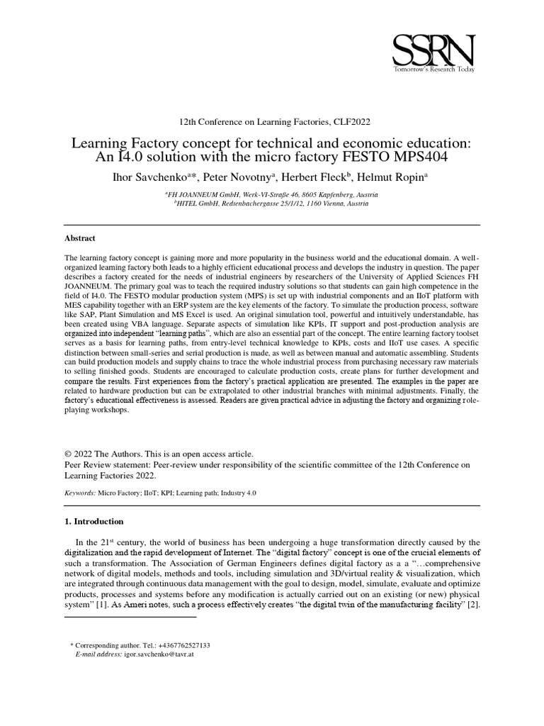 Learning Factory Concept For Technical and Economic Education An I4.0 ...